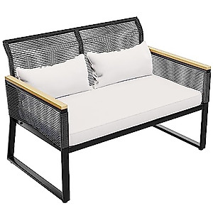 YITAHOME Patio Furniture Wicker Outdoor Loveseat, Rattan Conversation Loveseat for Backyard, Balcony and Deck with Wooden Armrest, Off-White Cushions (Black)