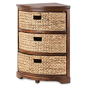 Hampton Meadows 3 Tier X-Side Corner Table Storage Cabinet with 3 Wicker Baskets, Walnut