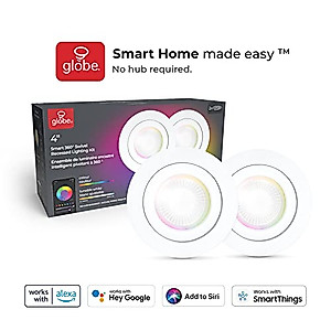 Globe Electric 50467 Wi-Fi Smart 4" Swivel LED Recessed Lighting Kit 2-Pack, No Hub Required, Voice Activated, 9 W, Multicolor Changing RGB, Tunable White 2000K - 5000K, 540 Lumens, Wet Rated