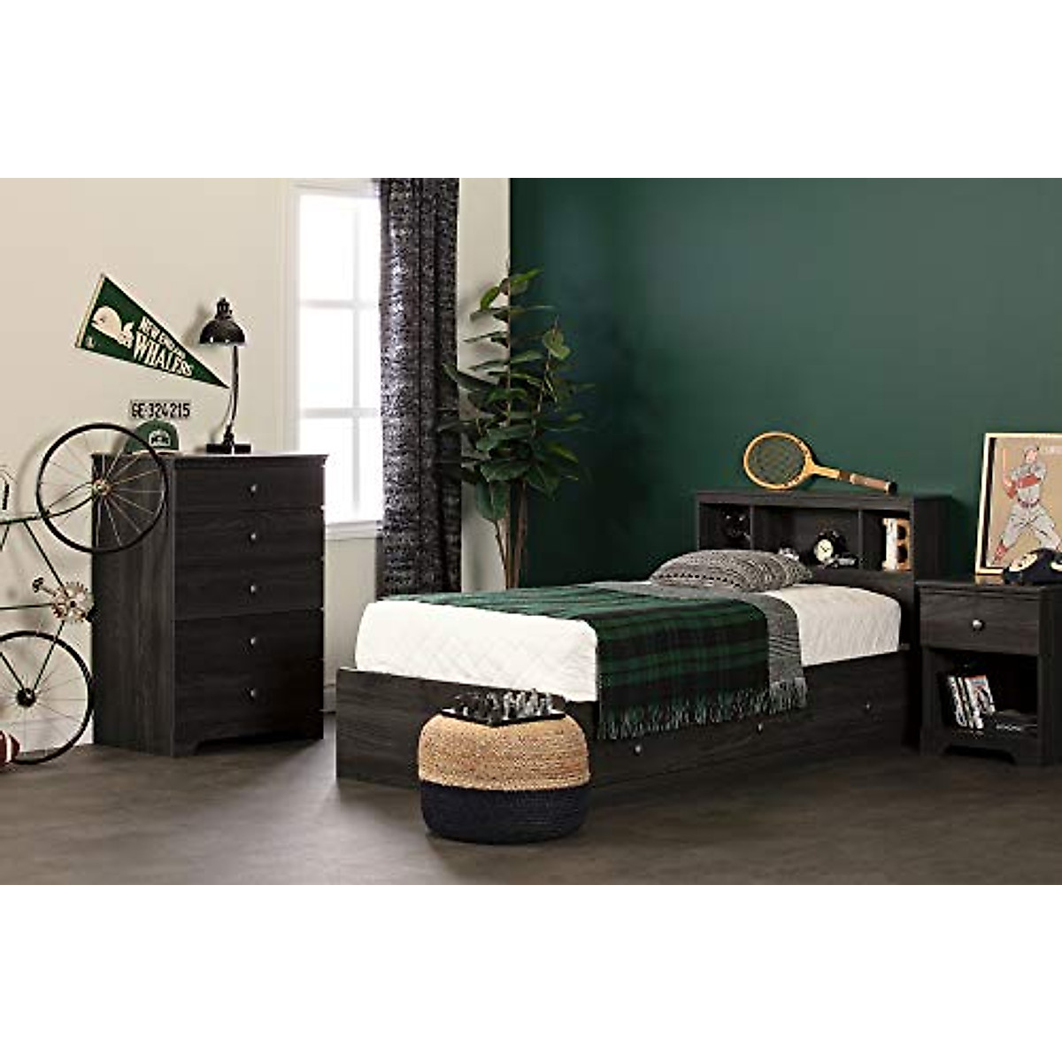 South Shore Zach Mates Bed with 3 Drawers-Twin-Gray Oak