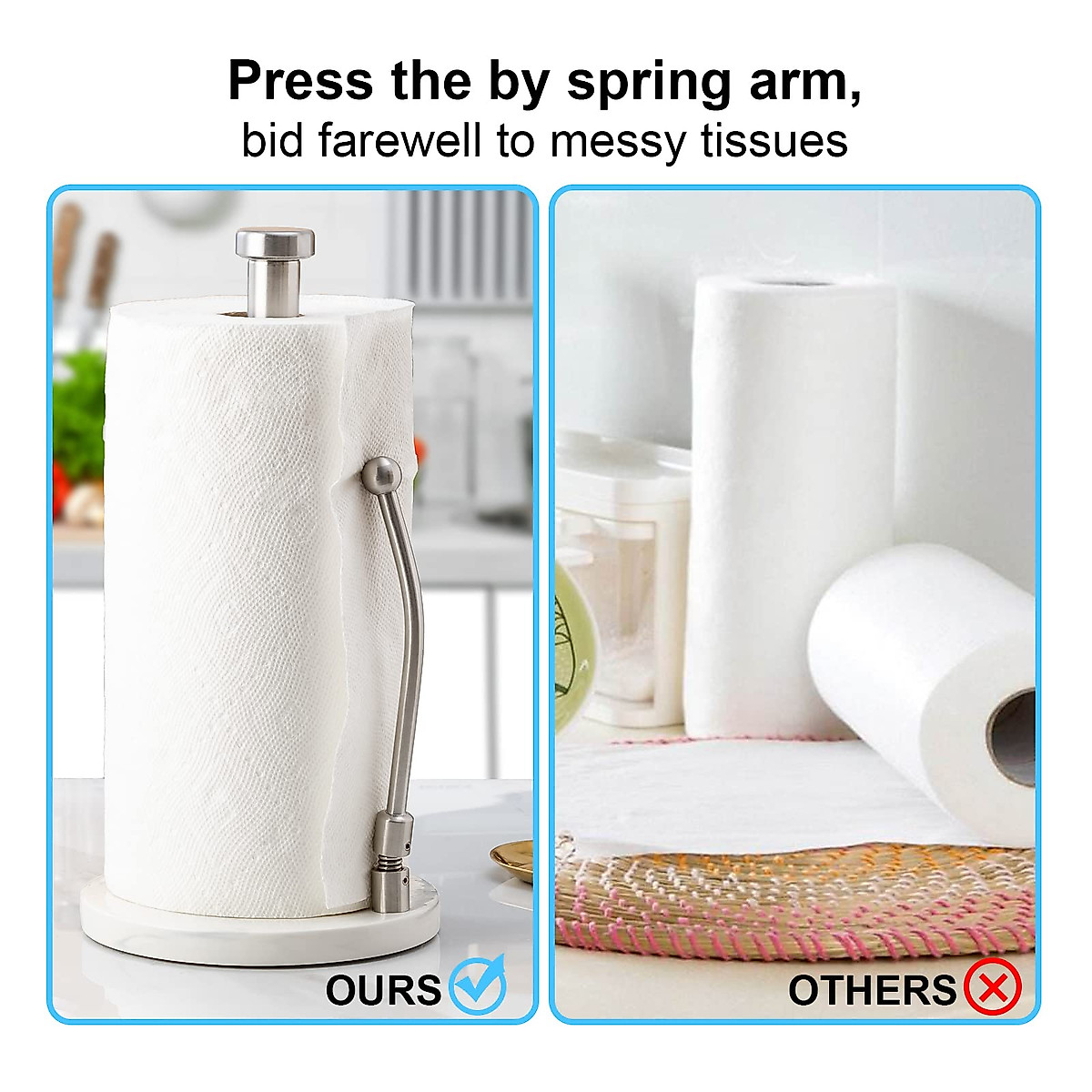 Kitchen Paper Towel Holder - LUKA Ceramic Weighted Base Modern Paper Towel Standing Fits Standard & Jumbo Rolls; Adjustable Spring Arm Upright Easy Tear Paper Towel Dispenser for Countertop Tables