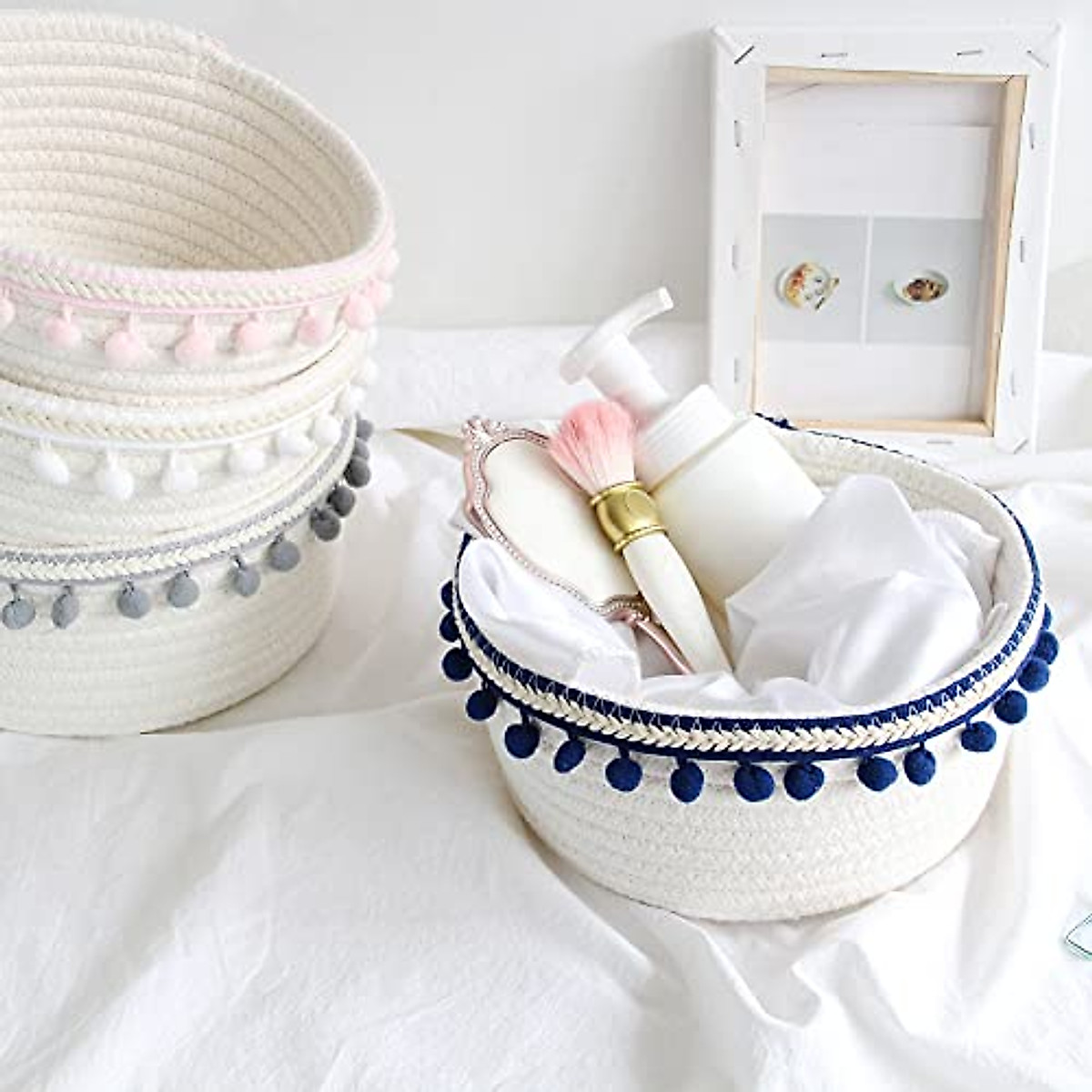 PHEZEN Cotton Rope Basket Bins, Small Woven Storage Baskets for Toy Storage Snacks Clothes Cosmetic Fruits Books Sundries Soft Storage Bins, Boho Woven Storage Baskets Decor Pink (20.5cm x 9.5cm)