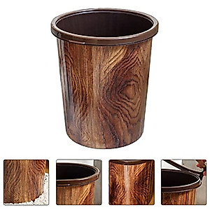 Angoily Trash Can with Pressing Ring 10L Imitation Wood Grain Waste Basket Garbage Can Rubbish Bin Flower Pot Toys Bucket for Home Office Brown