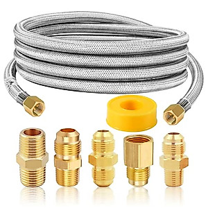MCAMPAS 10 Feet High Pressure Braided Propane Hose Extension With Conversion Coupling 3/8"Flare to 1/2" Female NPT, 1/4" Male NPT,3/8" Male NPT,3/8" Male Flare for BBQ Grill, Heater, Fire Pit