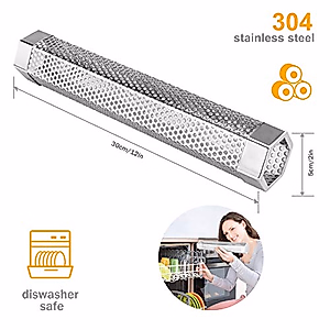 Pellet Smoker Tube, 2 Pack 12'' Stainless Steel BBQ Wood Pellet Tube Smoker with 2 Hooks and 2 Brushes for Cold/Hot Smoking