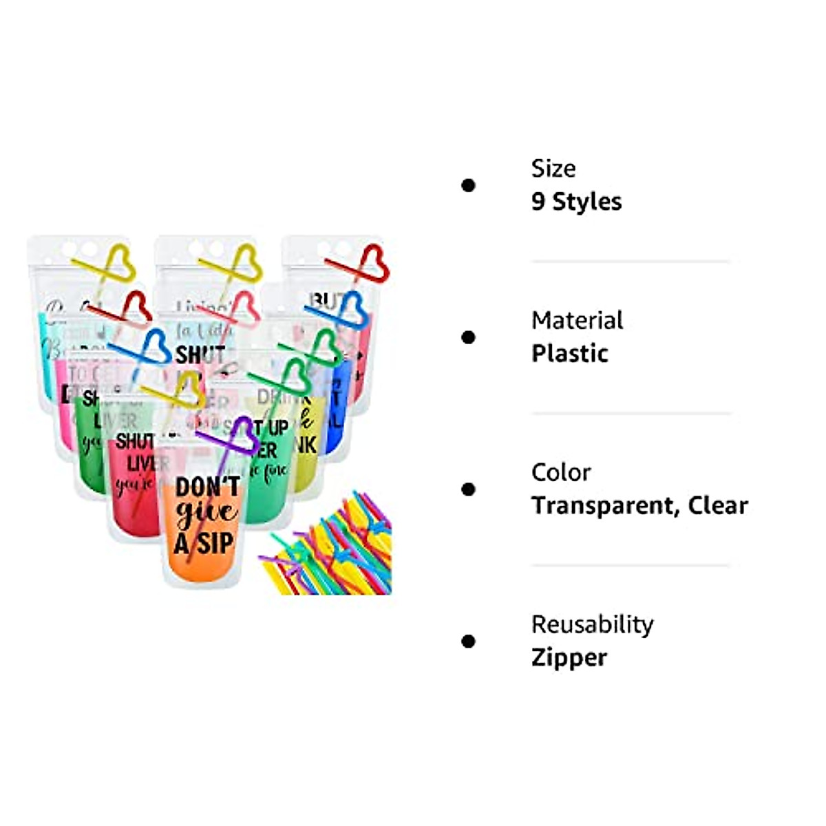 Drink Pouches with Straws Plastic Drink Bags with Zipper Party Beverage Bags Juice Pouches for Adults and Teens (36 Sets,9 Styles)