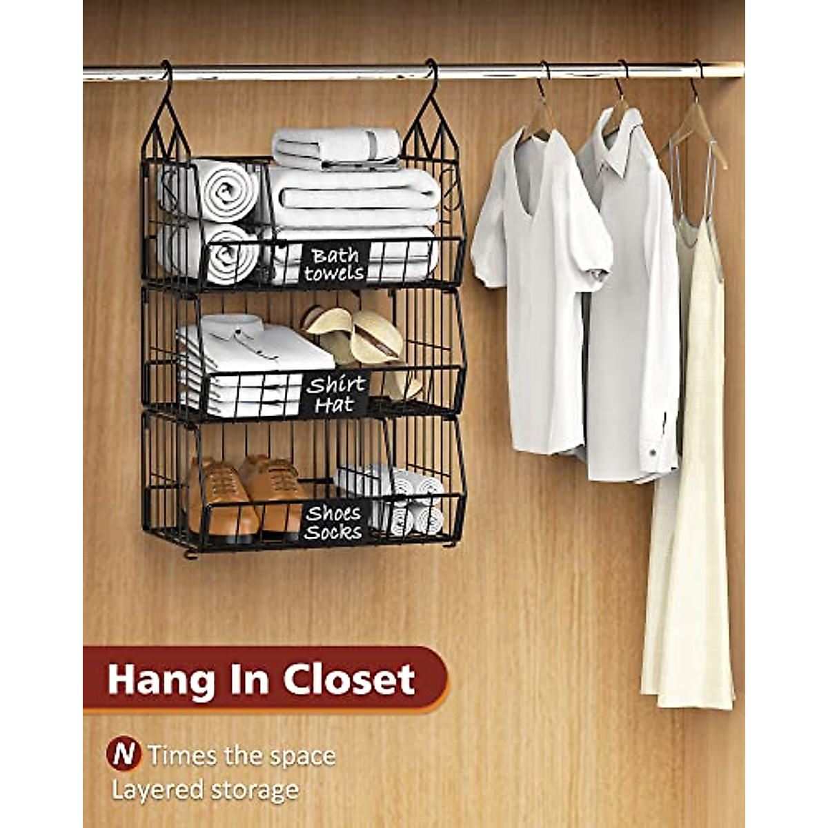 REFLYING 3 Tier Foldable Closet Organizer, Closet Organizers and Storage with 4 S Hooks,Kids Closet Organizers and Storage,Closet Hanging Basket,Metal Drawers for Closet,Black