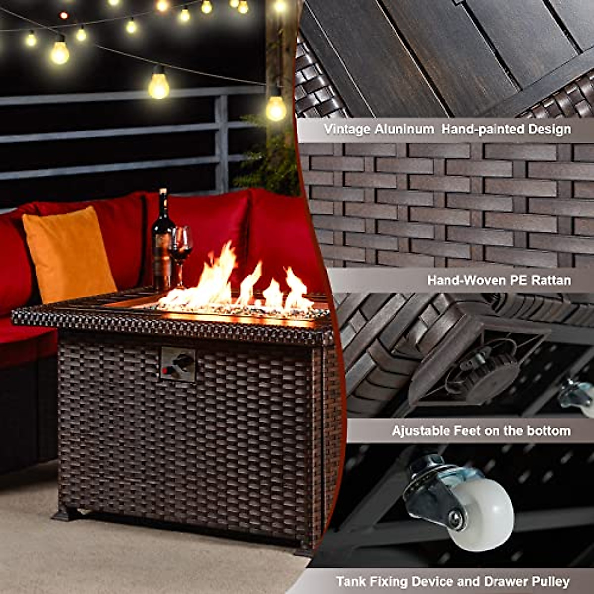 Vicluke 44in Porpane Fire Pit Table, Gas Fire Table for Outside with CSA Certification, 50,000 BTU Auto-Ignition Aluminum Propane Fire Pit with Lid, Cover, Glass Beads（Brown）