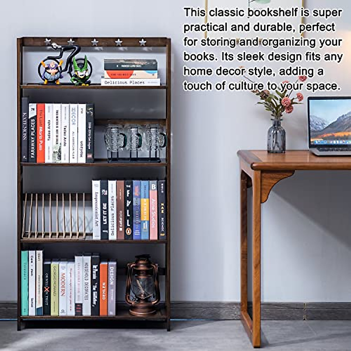 COPREE 4 Tier Bookshelf, Bamboo Book Shelves,Walnut-Colored Freestanding Book Rack Organizer Shelving Unit Storage for Living Room, Bedroom and Office