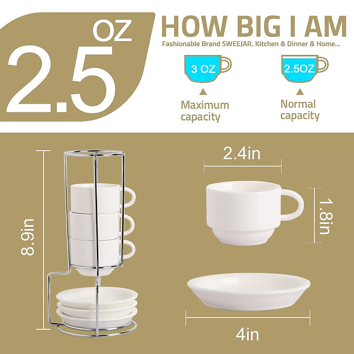 Sweejar 6-Piece Espresso Spoons 18/8 Stainless Steel Porcelain Espresso Cups with Saucers, 2.5 Ounce Stackable Cappuccino Cups