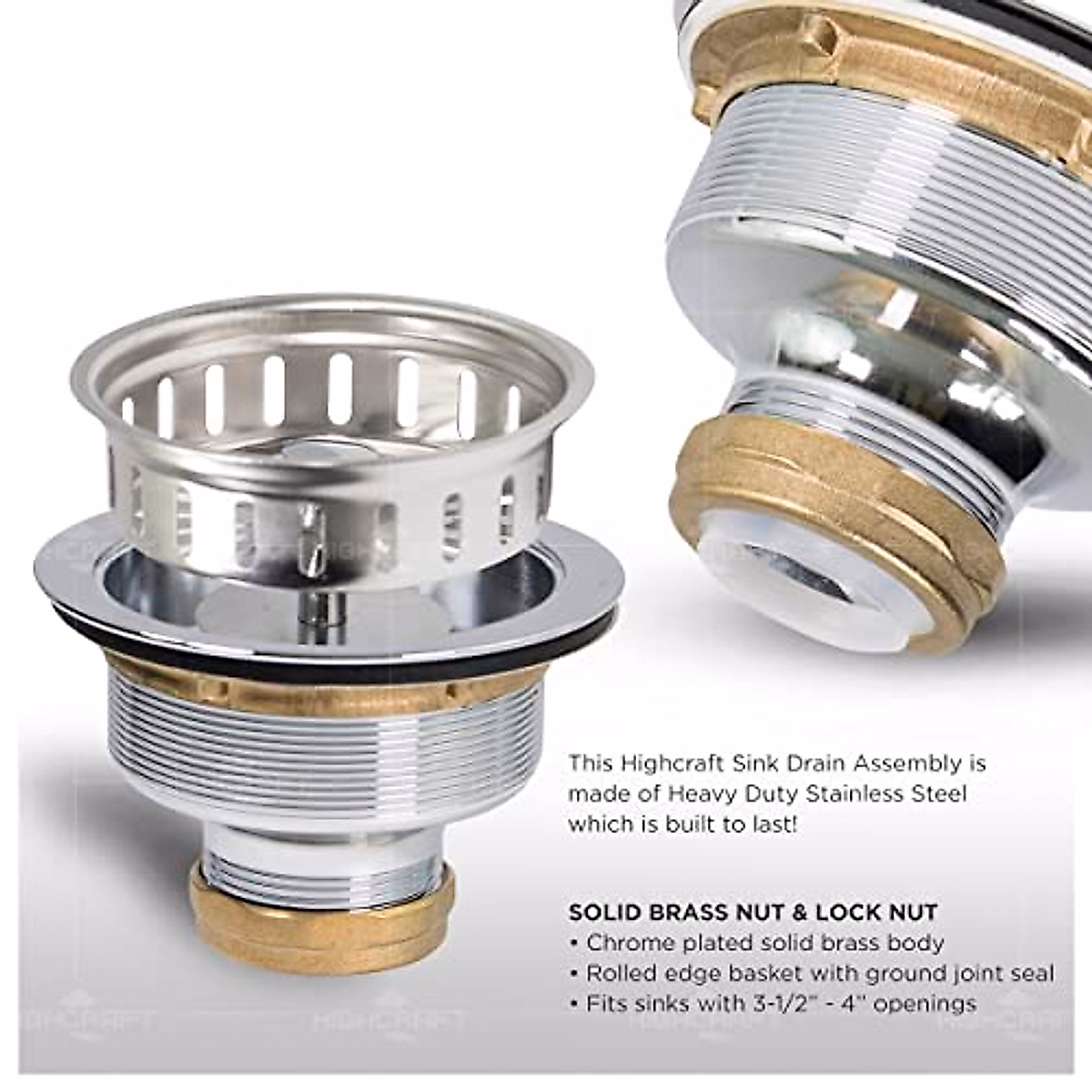 Highcraft 9735 Heavy Duty Kitchen Sink (3-1/2 Inch) Stainless Steel Drain Assembly With Strainer Basket KOHLER Style Stopper, 1.79