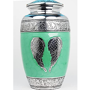 Wood Carving International Angel Wings Urns for Ashes - Decorative Human Adult- Burial cremated remains Funeral Urn Cremation Adult Male & Female with Velvet Bag (Green), Large