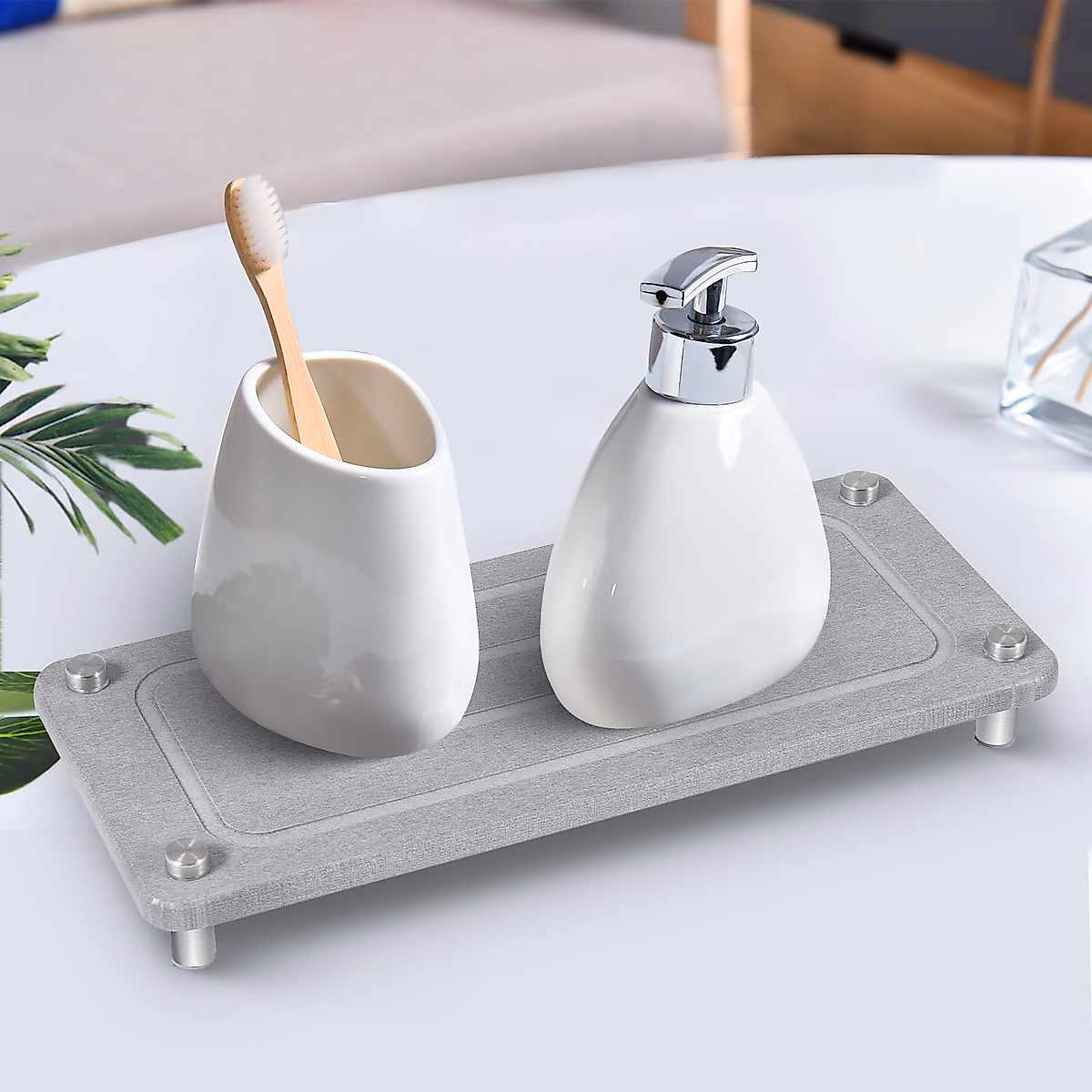 FEEGOO Sink Caddy Instant Dry Stone Sink Organizer for Kitchen Counter Diatomaceous Earth Sink Tray for Bathroom Fast Drying Soap Sponge holder Stainless Steel Feet with Rubber Bottom