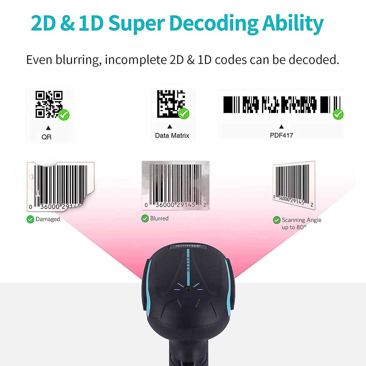 Alacrity 2D 1D QR Industrial Barcode Scanner with Stand, Bluetooth 2.4GHz Wireless 2 in 1, Shock Dust Proof, Hands Free Barcode Reader, Blue