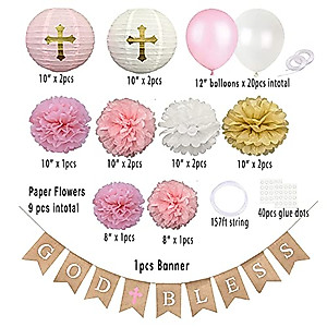 CHRORINE Baptism Decorations Christening First Communion Confirmation Decorations for Girls, Baptism God Bless Banner and Pink Party Decorations - Pink Set