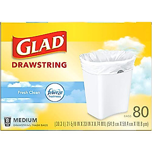 Glad Trash & Food Storage Medium Kitchen Drawstring Trash Bags 8 Gallon White Trash Bag, Fresh Clean Scent, 80 Count (Package May Vary)