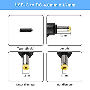 GINTOOYUN Type C to 90 Degree DC 4.8 x 1.7 mm Power Charging Cable USB-C Male Output to DC Input Power PD Charge Cable fit for Laptop 65W 12V (59inch)