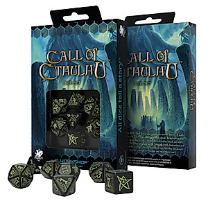 Q-Workshop Call of Cthulhu Black & Glow-in-The-Dark RPG Ornamented Dice Set 7 Polyhedral Pieces Black & Glow-in-the Dark, Standard (15mm - 17mm)