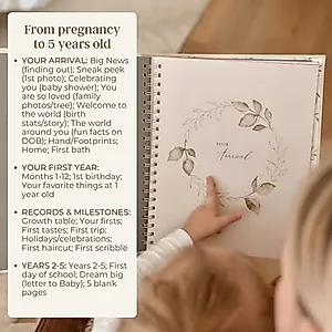 Peachly Unisex Baby Memory Book | Minimalist First Year Keepsake for Milestones | Simple Scrapbook Baby Books for Boy or Girl | 60 Pages Natural Linen - Olive, 9.75 inches x 11.25 inches