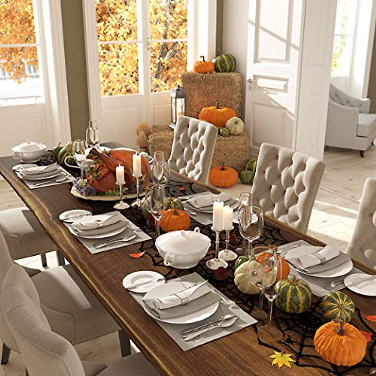 5pack Halloween Decorations Tablecloth Runner Black Lace Round Spider Cobweb Table Cover Fireplace Mantel Scarf Spiderweb Fireplace Scarf Spider Lampshade with 36pcs Scary 3D Bat for Halloween Party