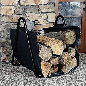AMAGABELI GARDEN & HOME Fireplace Log Holder with Canvas Firewood Rack Indoor Tote Carrier Metal Wood Rack Black Firewood Holders Storage Heavy Duty Logs Stacker Basket with Handles Kindling
