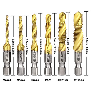 Drill Tap Set, Valkynos 6 Packs Titanium Plated Combination Taps Drill Bit Set, M3 M4 M5 M6 M8 M10 Hex Shank HSS Screw Thread Metric Compound Tap Drill Bits Metal Drilling