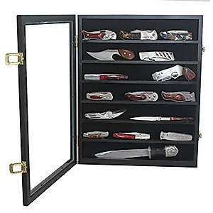 DisplayGifts Knife Display Case Pocket Knife Display Stand Military Folding Knife Shadow Box Wall Cabinet with UV Protection Glass Door Lockable, Great Way to Store and Display, Black Frame