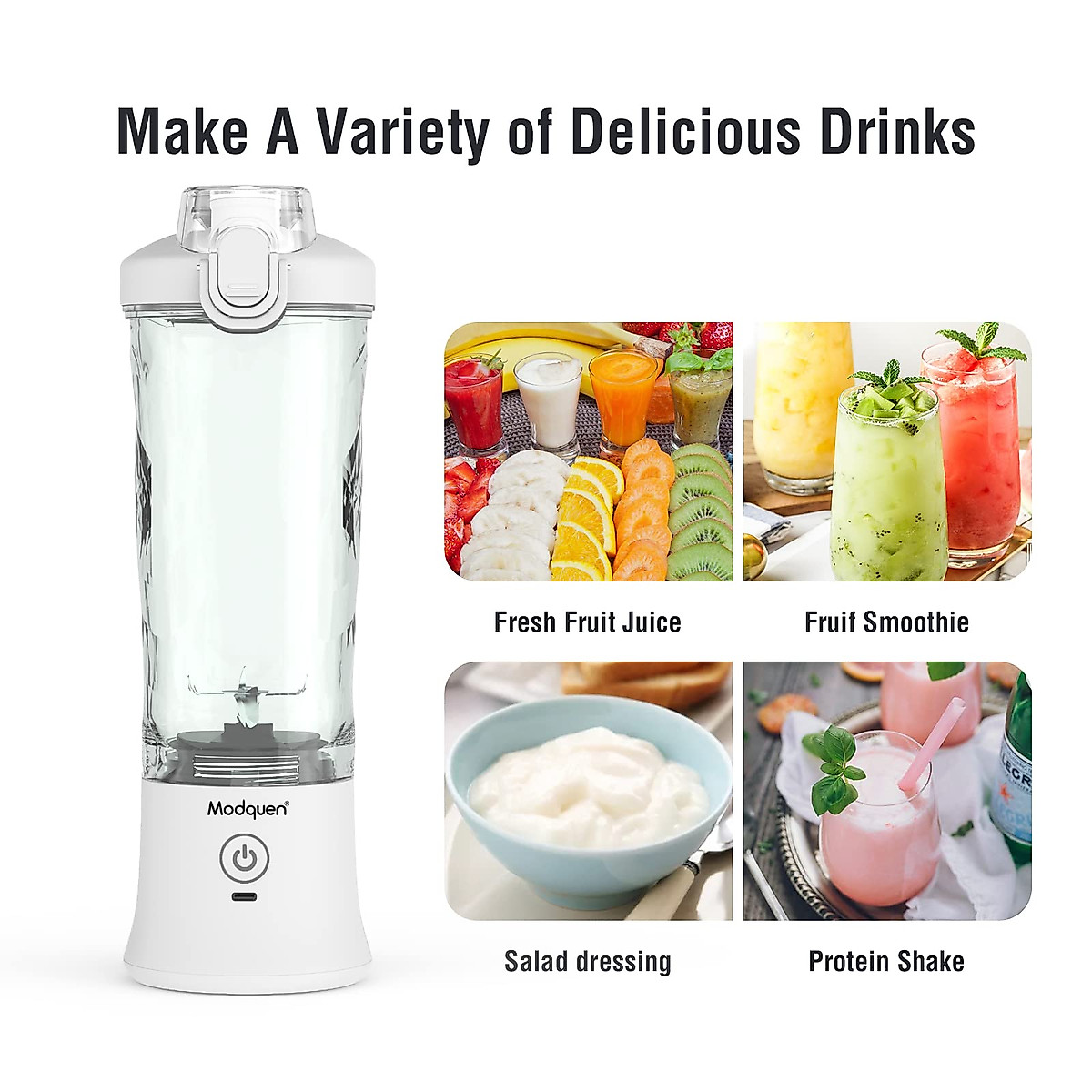 Modquen Portable Blender, 20 oz Personal Size Blender, Shakes and Smoothies Blender, 240 Watt BPA-Free Mini Blender Cup, USB Rechargeable Cordless Blenders (White)