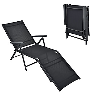 Tangkula Folding Lounge Chair Outdoor, Recliner Chaise Lounge with 5-Position Adjustable Backrest & 2-Position Footrest, No Assembly Required, Suitable for Patio Poolside Beach Yard (1, Black)