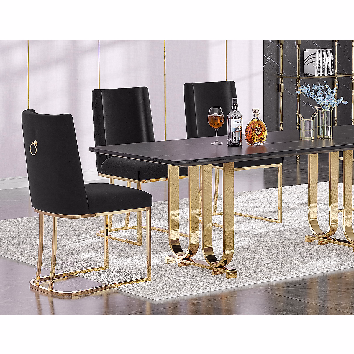 Pvillez 71" Modern Dining Table for 6-8 People, Rectangular Kitchen Table Black Faux Marble Top Dining Table with Polished Gold Metal Pedestal Base, Large Dinner Table for Dining Room Kitchen Office