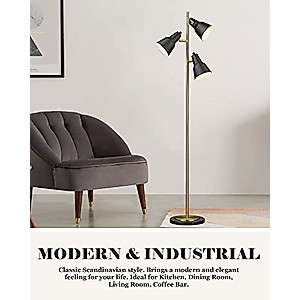 ELYONA Gold Tree Floor Lamp with 3 Adjustable Rotating Lights, Industrial Tall Pole Metal Standing Lights with 3 LED Bulbs for Living Room,Bedroom,Farmhouse,Office,Hotel, Vintage Brushed Brass & Black