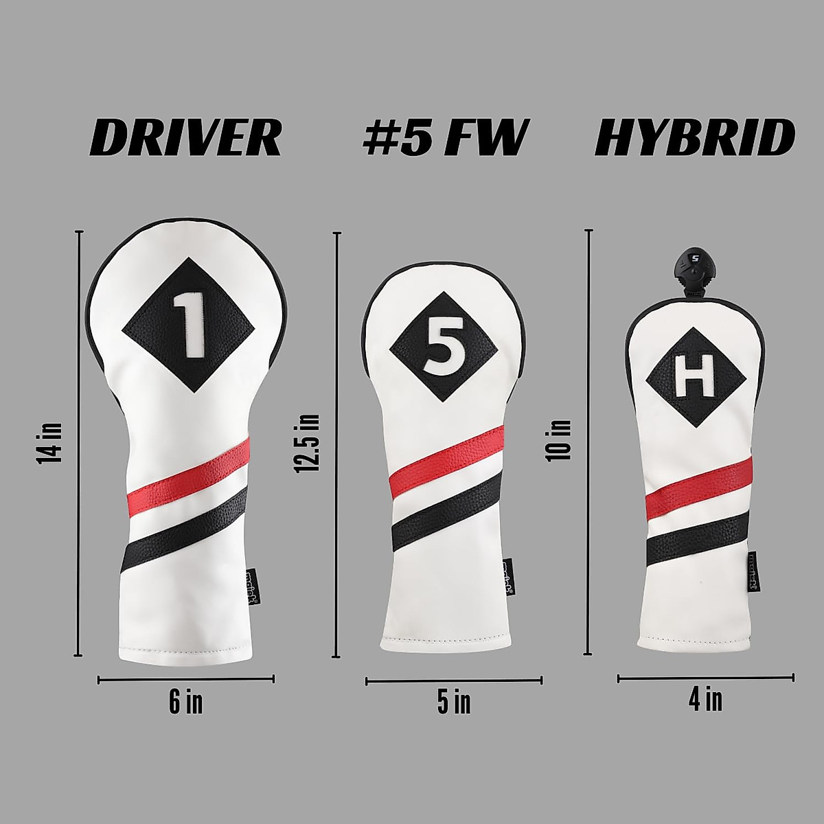 Majek Retro Golf Headcovers White Red and Black Vintage Leather Style 1 5 H Driver Fairway Wood and Hybrid Head Cover Classic Look