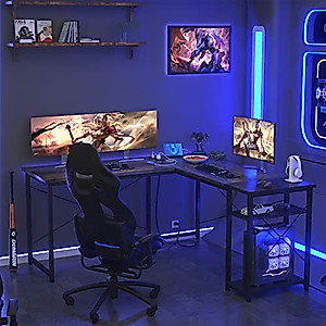 Ecoprsio L-Shaped Desk with Power Station and USB, Large L Shaped Gaming Desk with Storage Shelves Industrial Corner Desk Writing Study Table for Home Office Gaming Workstation, Oak and Black