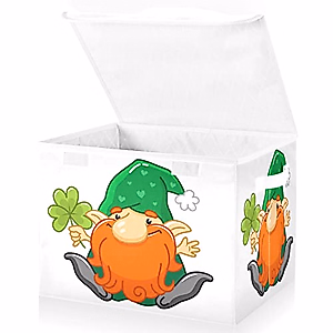 Kigai St.patrick's Day Cute Gnome Storage Basket with Lid,Collapsible Storage Box Fabric Storage Bin for Closet,Office,Bedroom,Nursery
