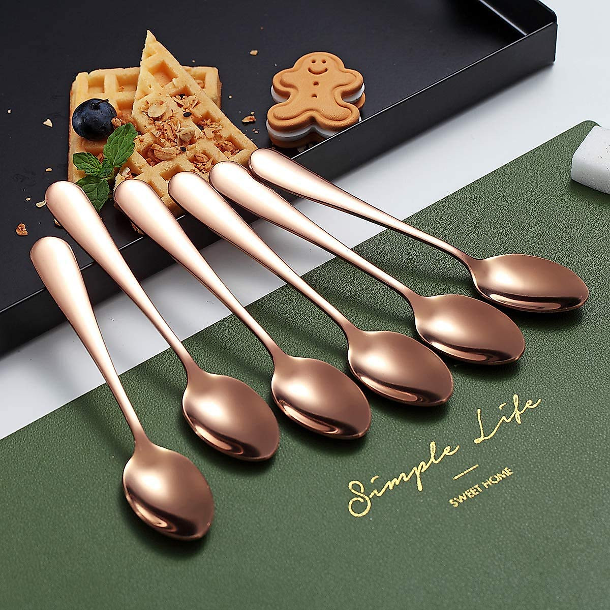 Rose Gold Coffee Spoons, Kyraton 5.5" Espresso Spoons Titanium Plating Copper Tea Spoons, Stainless Steel Small Mini Spoons, Tiny Spoon Set For Parties, Wedding Pack of 6
