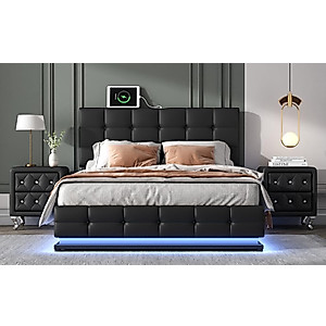 3-Pieces Queen Size Bedroom Sets,PU Upholstered Queen Platform Bed Frame with 2 Nightstands and USB Charging Station,Lift Up Storage Bed Queen,Bedroom Furniture Sets, Easy Assemble,Black