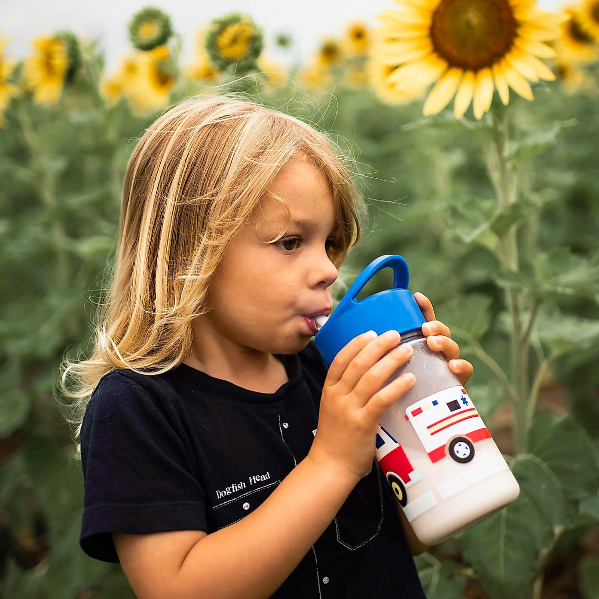 Wildkin Kids 16 oz Reusable Water Bottle for Boys and Girls, Features Straw Top and Carrying Handle, Ideal Size for School or Travel, Easy to Clean - Trains, Planes & Trucks