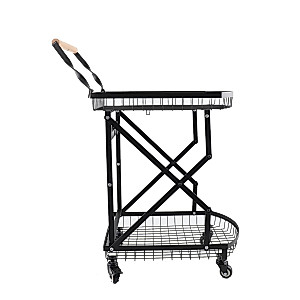 CYJZWOH Multi Use Functional Collapsible Carts, 2-Tier Metal Mobile Folding Trolley Shopping Cart, with Wooden Handle, Lockable Wheels for Office, Living Room, Kitchen, Picnic(Black)