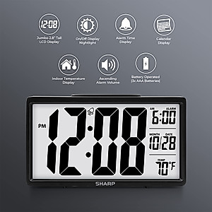 SHARP Alarm Clock with Easy to Read 2.8'' Jumbo Screen with Indoor Temperature, Nightlight, Calendar, Battery Operated Digital Clock for Bedrooms or Travel, Black (SPC5026AMZ)