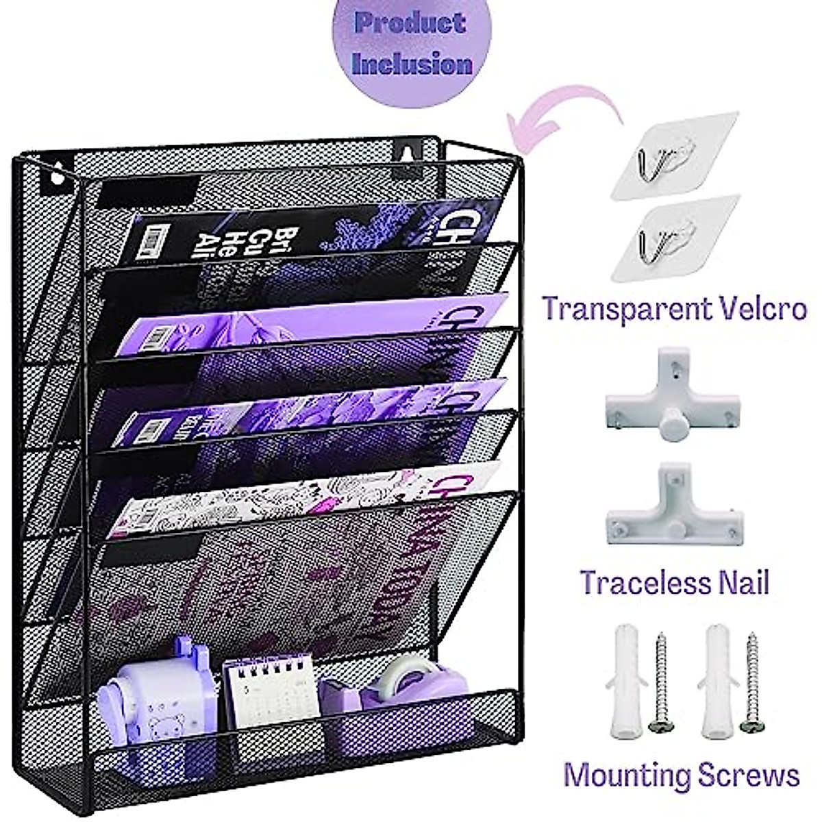 HMXLJJY 6 Tier Mesh Wall File Organizer,Vertical File Organizer,Hanging Folder Organizer Wall Mount with Flat Tray,Mail Organizer for Papers,Folders,Files Clipboard & Magazine Organization for Office,Home(Black)