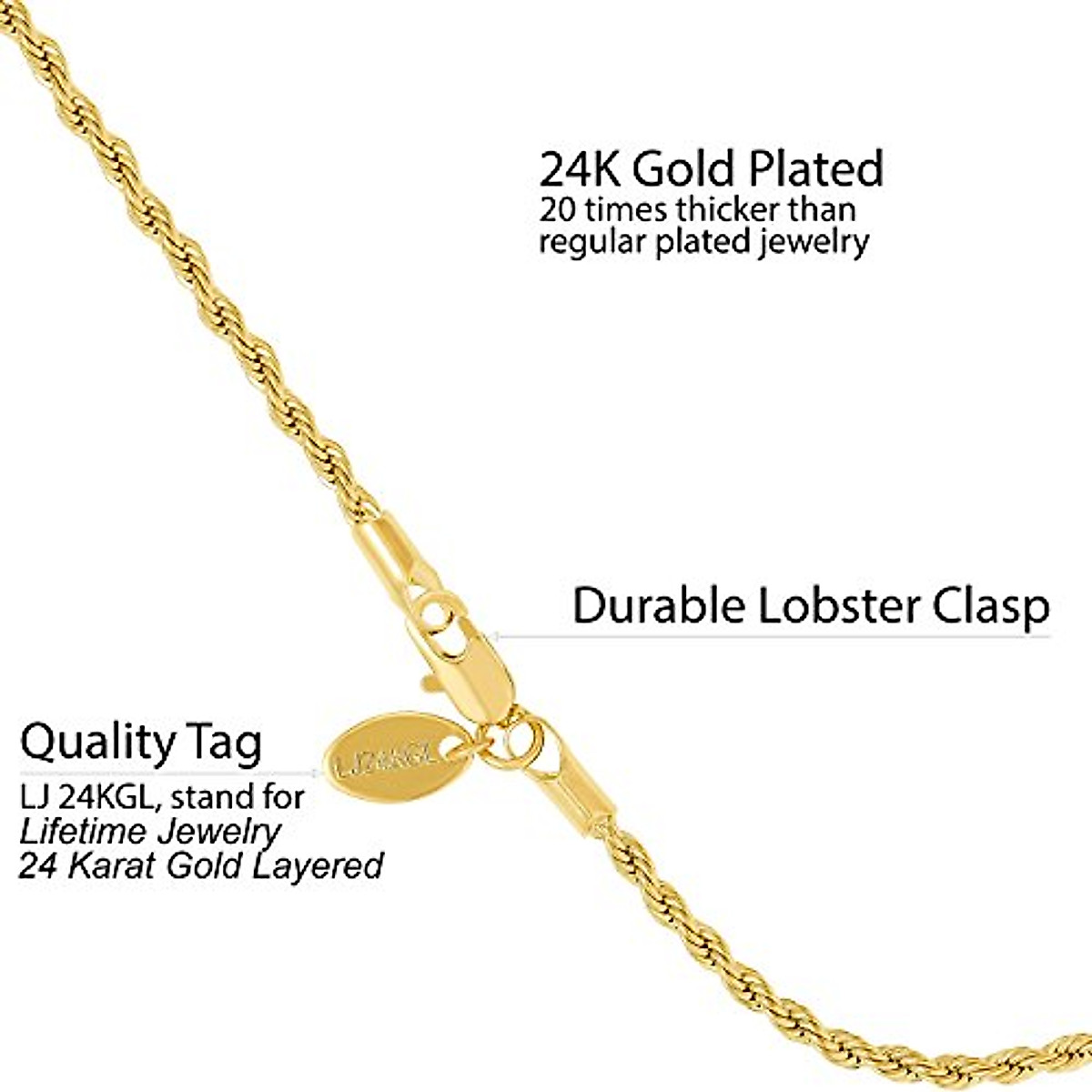 LIFETIME JEWELRY 2mm Rope Chain Anklet for Women & Men 24k Gold Plated Bracelet (Gold, 11 inches)