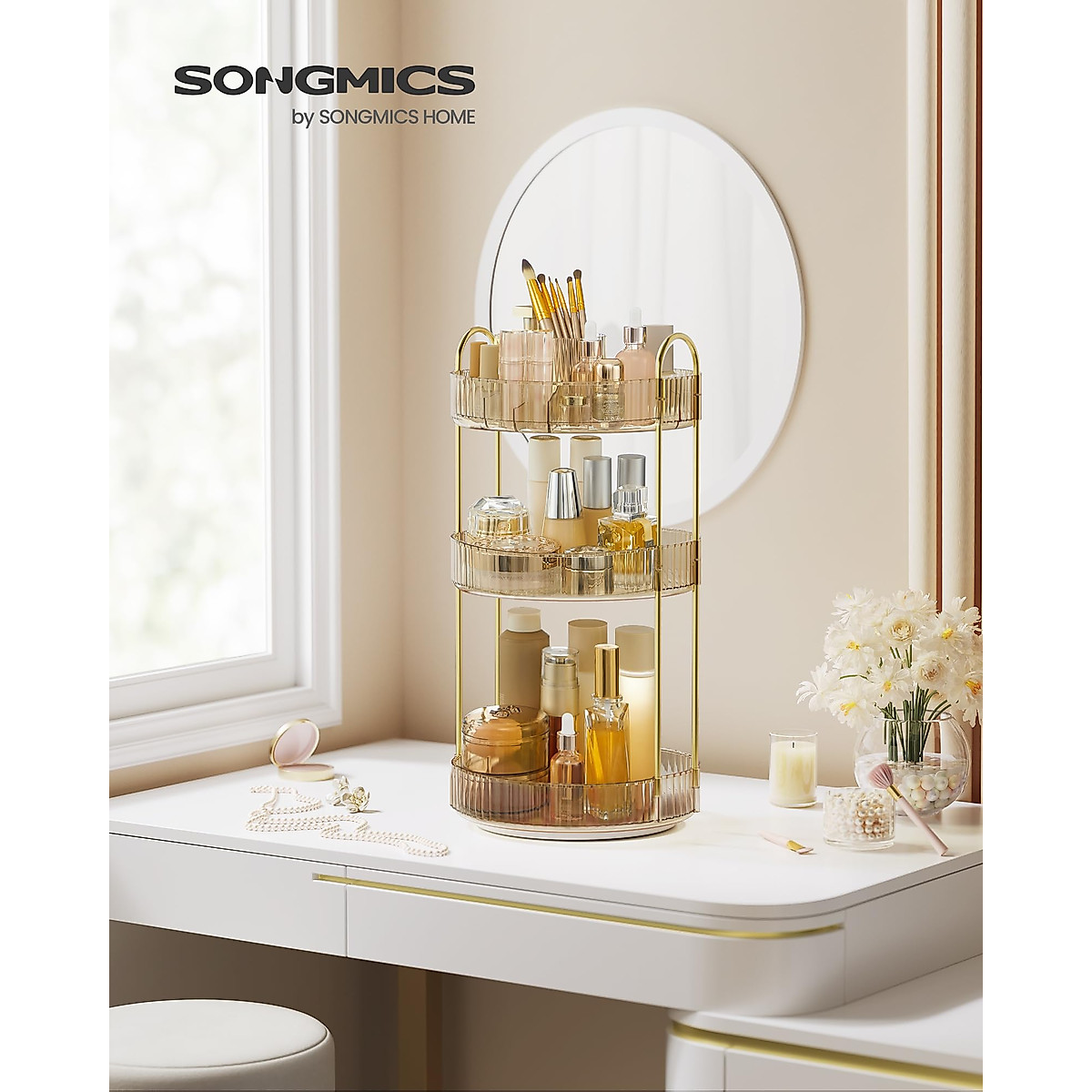 SONGMICS Makeup Organizer, 3-Tier Round Rotating Skincare Organizer Countertop, Customizable, Toiletries Vanity Organizer, Lazy Susan, Gift, Champagne Gold UJKA011A01