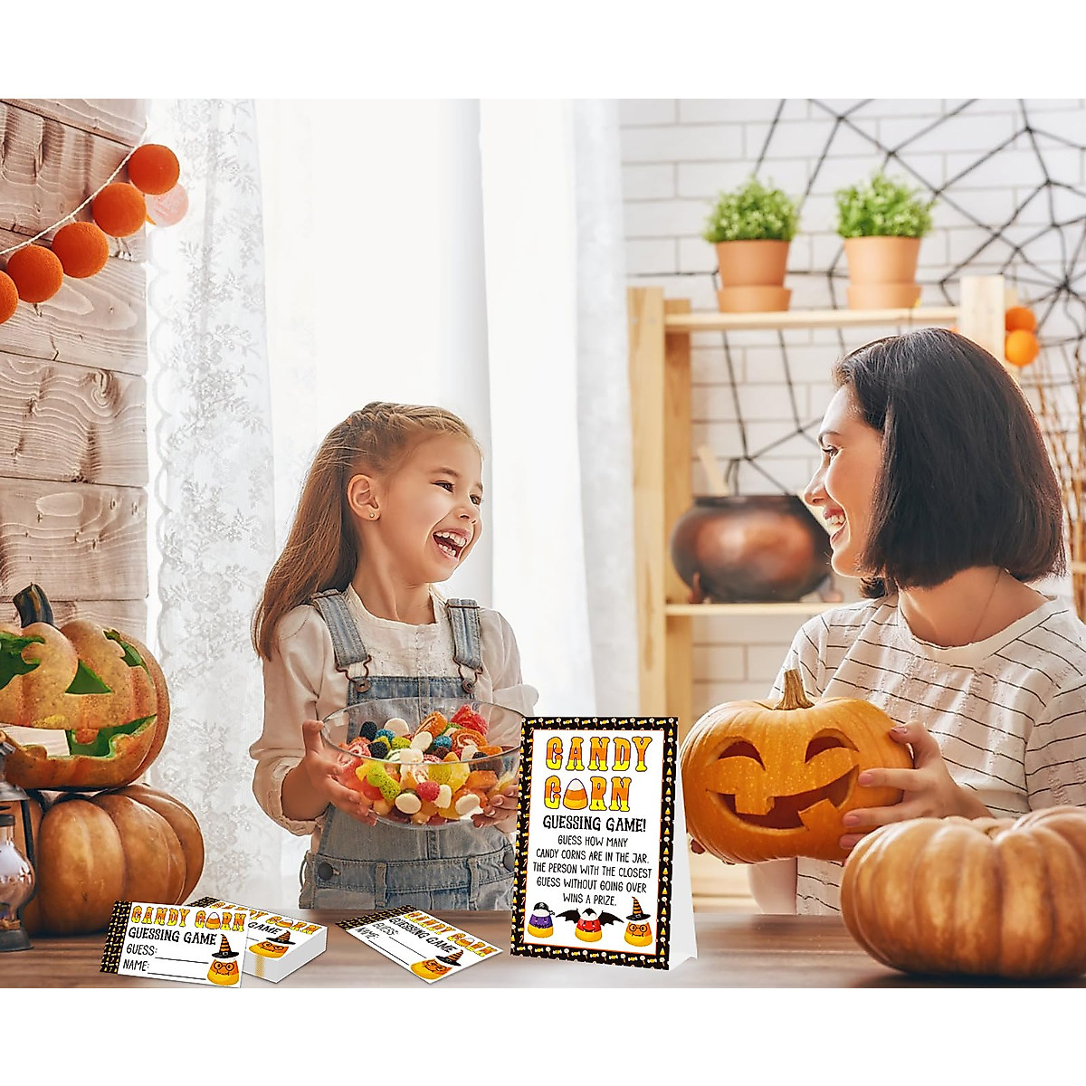BIZIBAFF Guess How Many Candy Corns Halloween Party Game 50 Candies Guessing Game Cards Halloween Baby Shower Party Game for Adults Guess How Many Candies are in The Jar Halloween Party Supplies