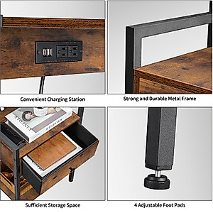 Snughome End Table with Charging Station, 3 Tier Side Table with Open Storage Shelves, Bedside Tables with Drawer, Nightstand with USB Ports & Outlets for Bedroom, Living Room