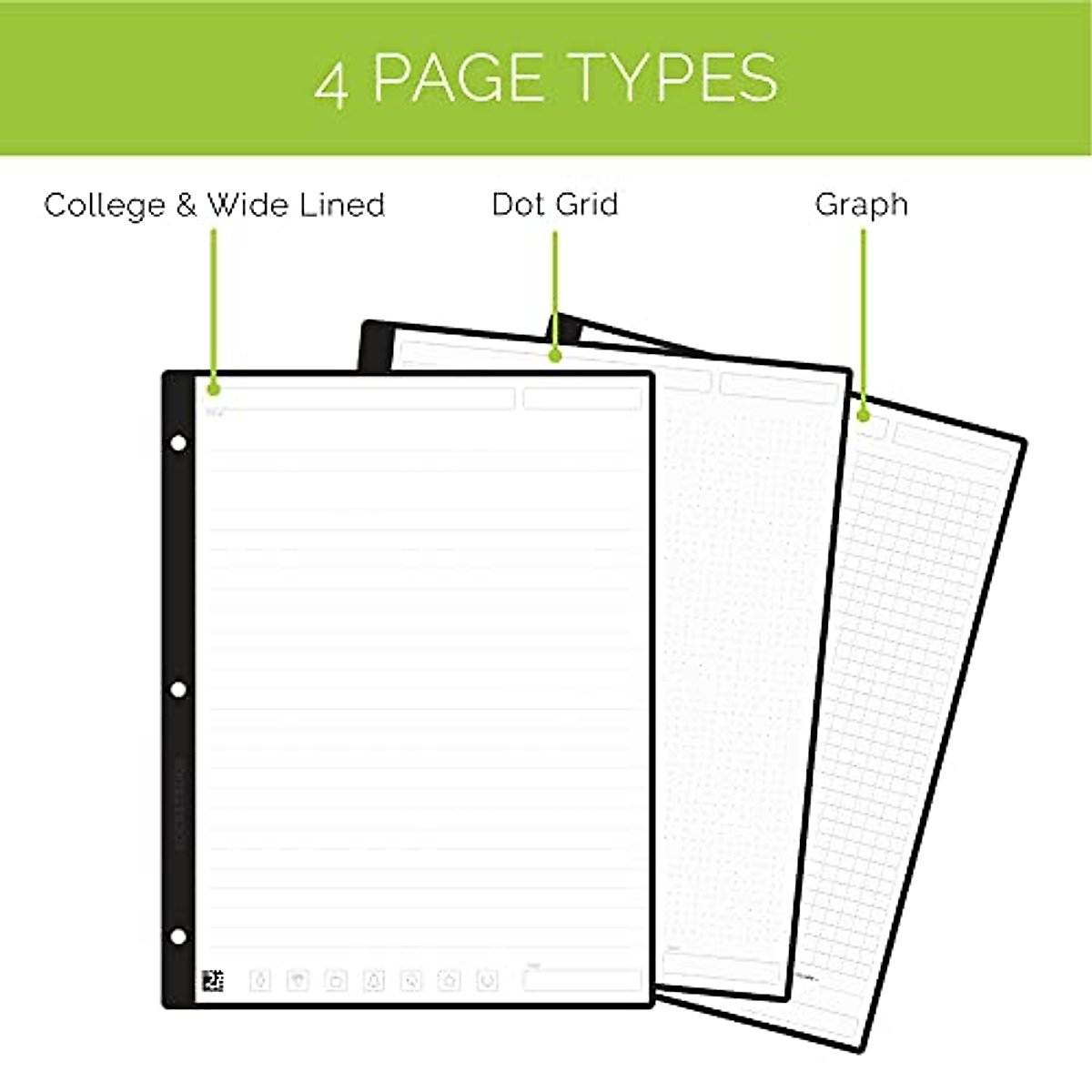Rocketbook Filler Paper Variety Pack | Lined Wide Ruled, Dot Grid, Graph Reusable Notebook Paper (8.5" x 11") | Scannable Binder Paper | 18 Double Sided Sheets, Pen, and Cloth White