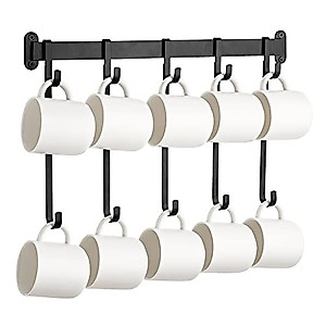 Mkono Coffee Mug Holder Wall Mounted Mug Hooks Rack for 10 Coffee Cup Organizer, Metal Mug Wall Hanger with 5 Adjustable Dual-Hooks Rustic Mugs Tea Cups Storage Organizer for Coffee Bar Kitchen