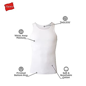 Hanes Men's Cotton Tank Undershirts Pack, Moisture-Wicking Ribbed Tanks, lightweight, Black/Grey Assorted 6-pack, Medium