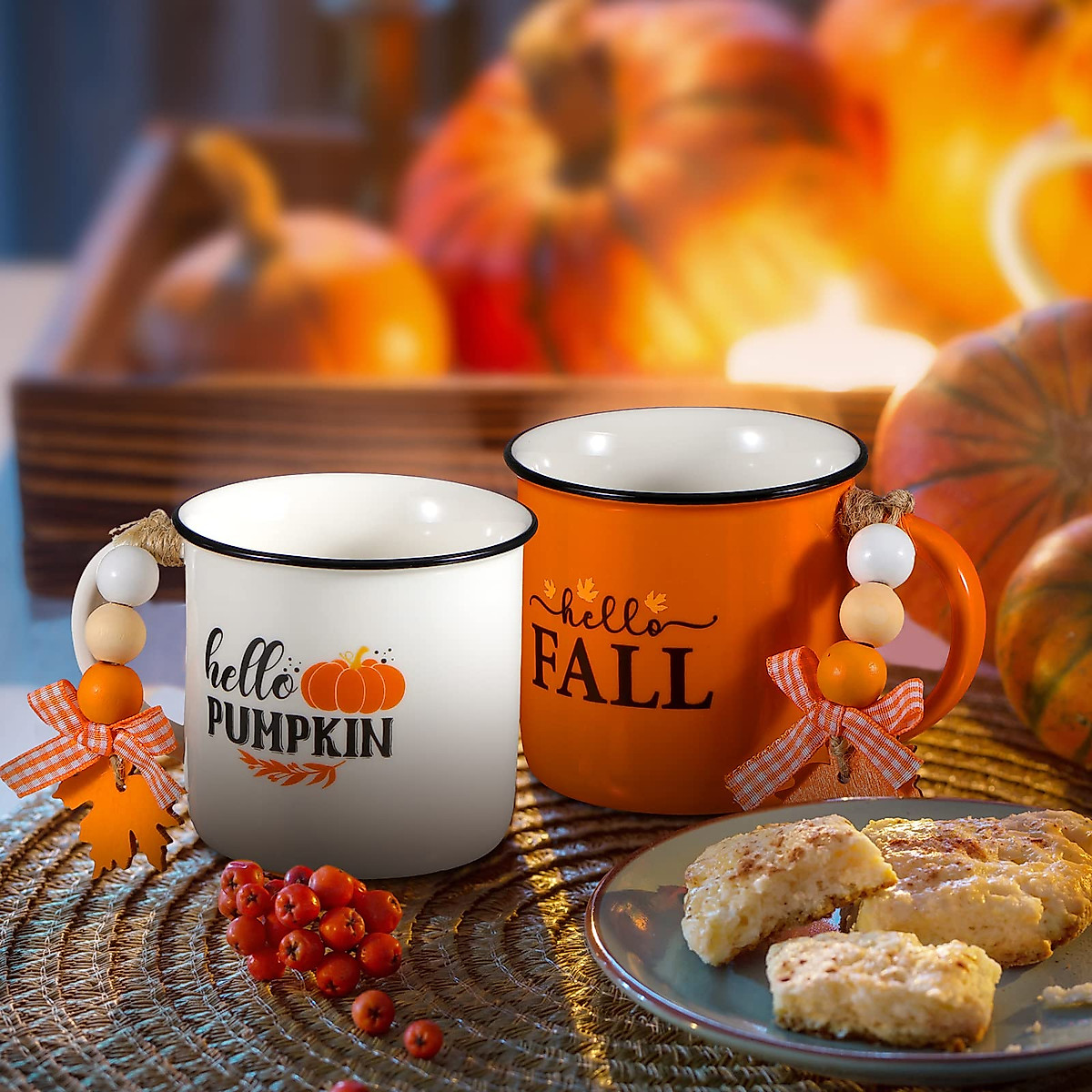 Roshtia 2 Pcs Fall Coffee Mug Enamel Thanksgiving Hello Pumpkin Mini Coffee Cups with Wood Bead Ornaments Fall Tiered Tray Decoration for Thanksgiving Fall Party