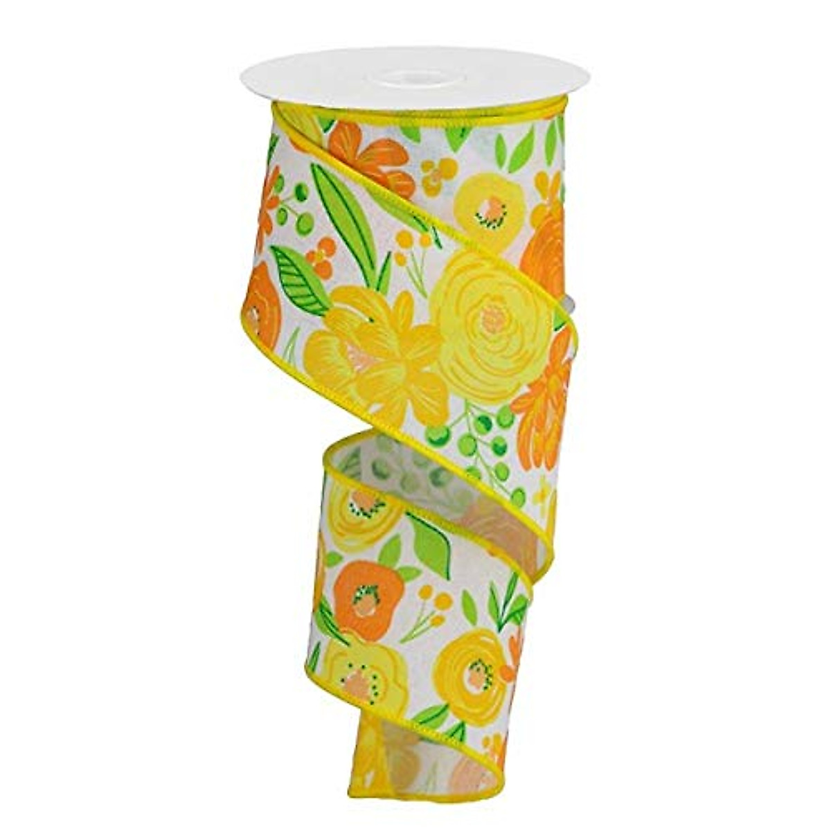 Bold Blooms Floral Royal Canvas Wired Edge Ribbon - 10 Yards (Orange, Green, Yellow, 2.5")