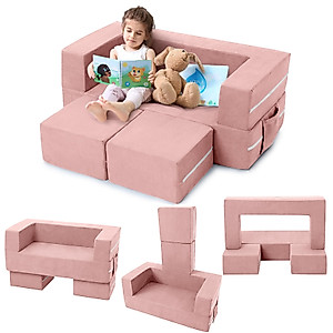 GarveeHome Kids Play Couch, 3Pcs Modular Kids Couch Toddler Couch for Playroom Bedroom Furniture, Convertible Foam Kids Play Sofa with Removable Cover, Pink
